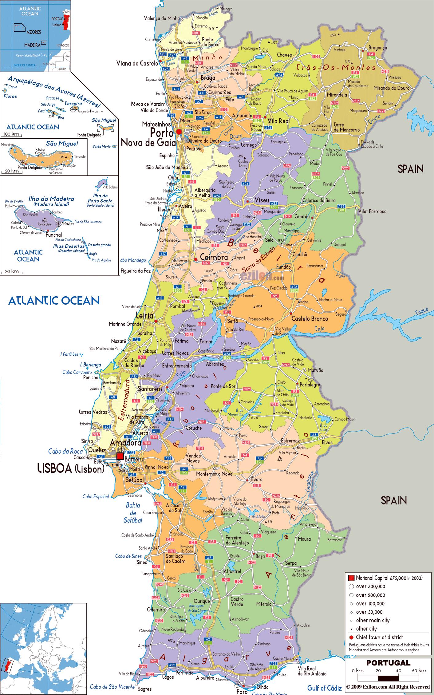 Carte des régions du Portugal - Carte des régions du Portugal (Europe ...